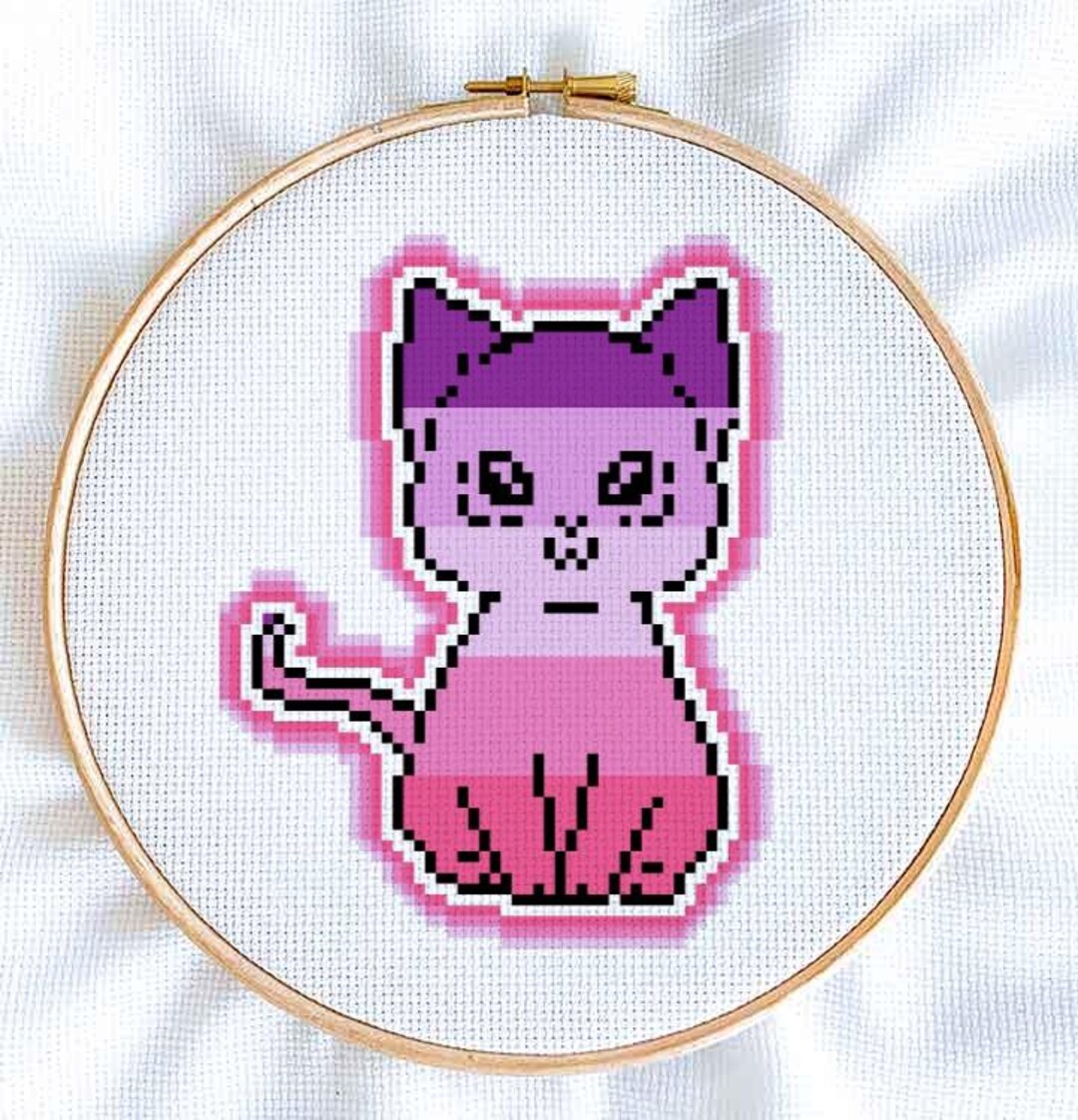 Cute Pixel Art Cat Cross Stitch Pattern – Purple & Pink Kawaii Cat ...