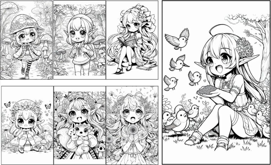 Anime Elf Girl Twin Tails Waving - Thick Outline Coloring Page, Instant ...