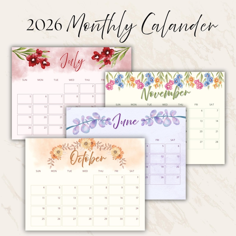 2026 Floral Calendar, Monthly Planner (PDF) - Etsy