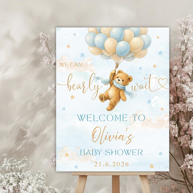 Teddy Bear Baby Shower Welcome Sign Boy Baby Shower Poster Personalized ...