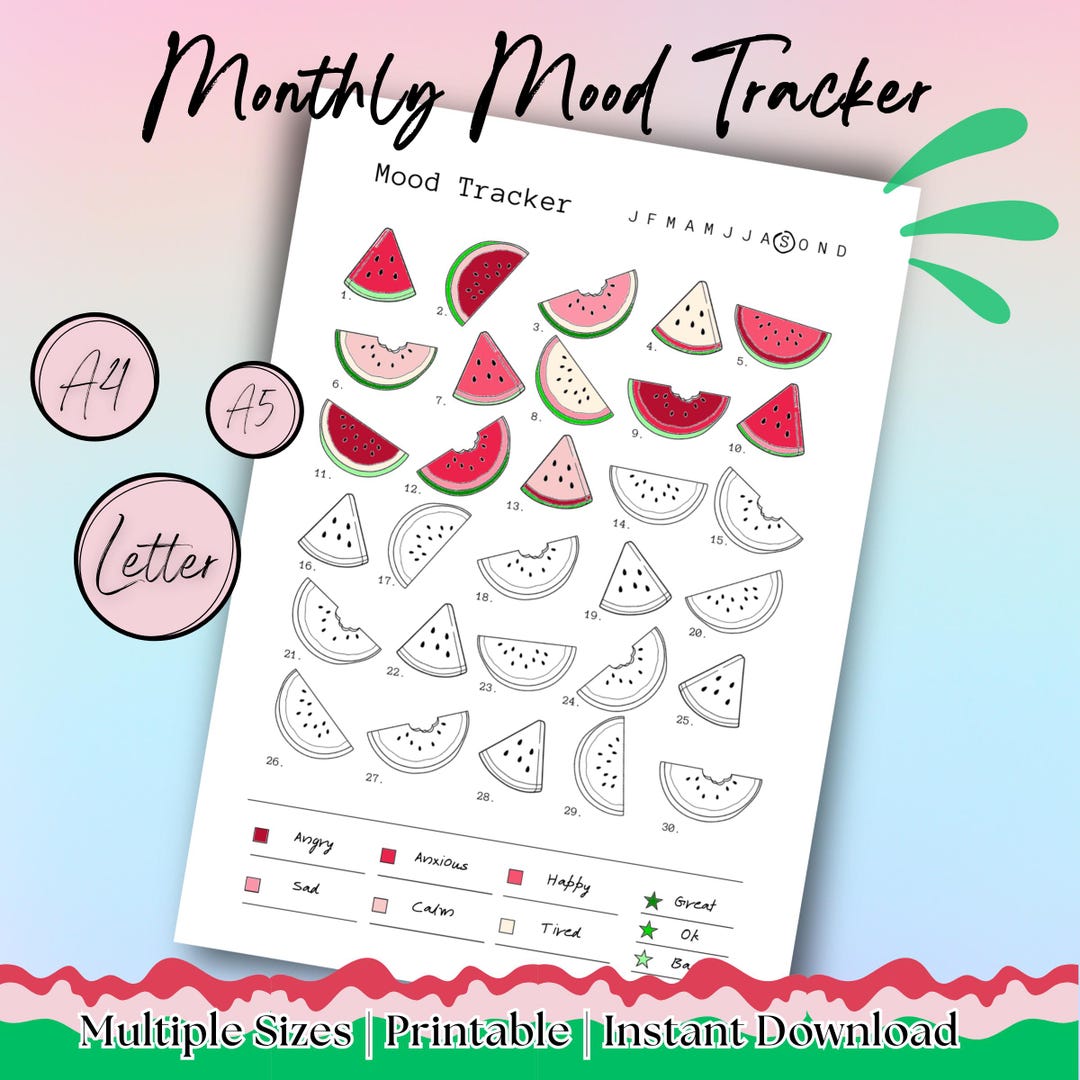Watermelon Mood Tracker Printable: Daily Mental Health Log (A4, Letter ...