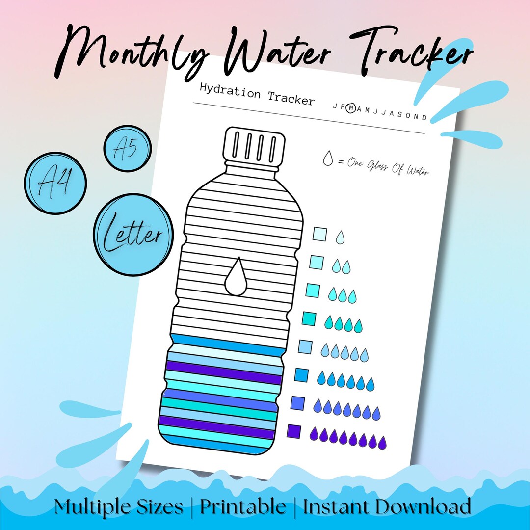 Water Tracker Printable: Daily Hydration Log, Monthly Challenge A4 ...