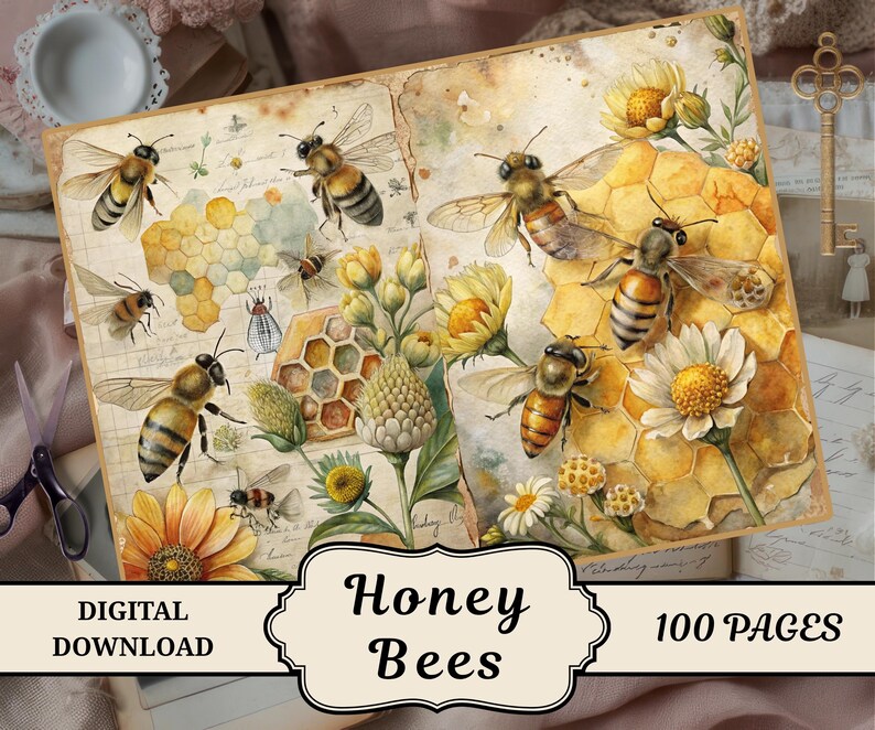 Honey Bees Junk Journal Pages, Vintage Printables, Scrapbooking, Honey ...