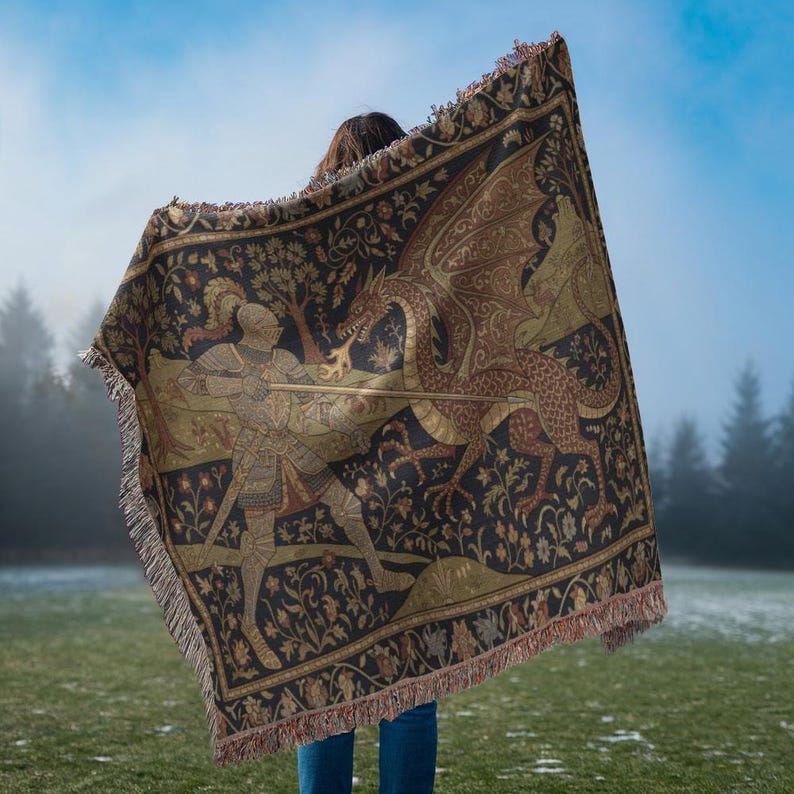Medieval Knight and Dragon Woven Throw Blanket | Renaissance Tapestry ...