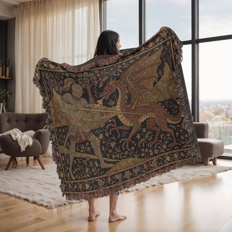 Medieval Knight and Dragon Woven Throw Blanket | Renaissance Tapestry ...