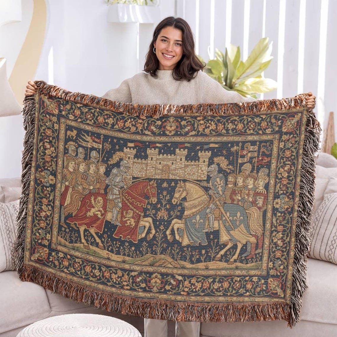 Medieval Jousting Woven Blanket | Renaissance Knight & Castle Tapestry ...