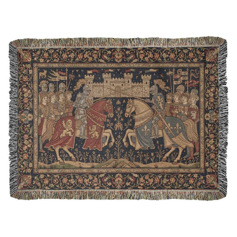 Medieval Jousting Woven Blanket | Renaissance Knight & Castle Tapestry ...