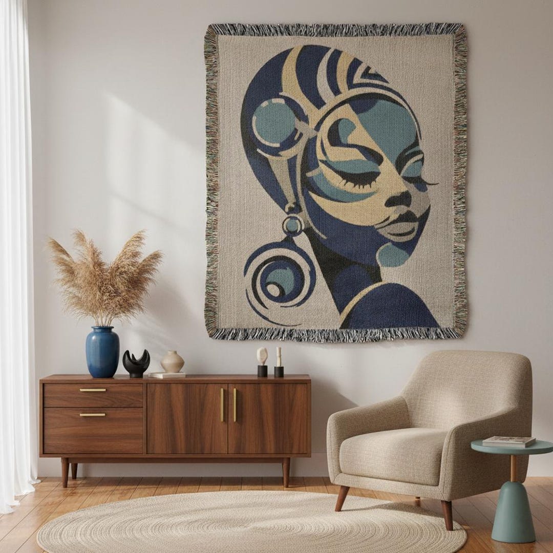African Woman Woven Blanket | Geometric Art Tapestry | Black ...