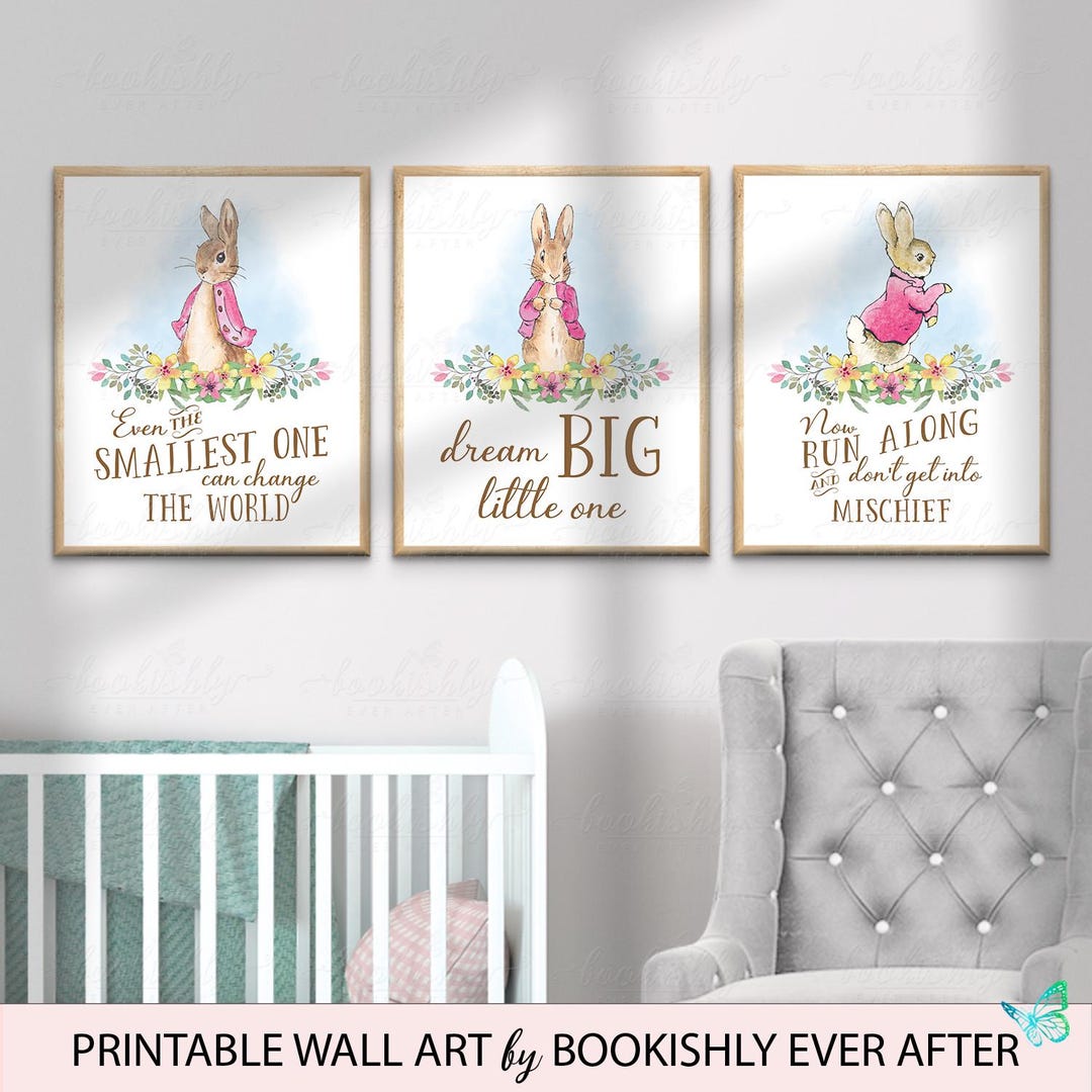 Peter Rabbit Nursery Wall Art, Pink Bunny Nursery, Girls Room Decor Set ...