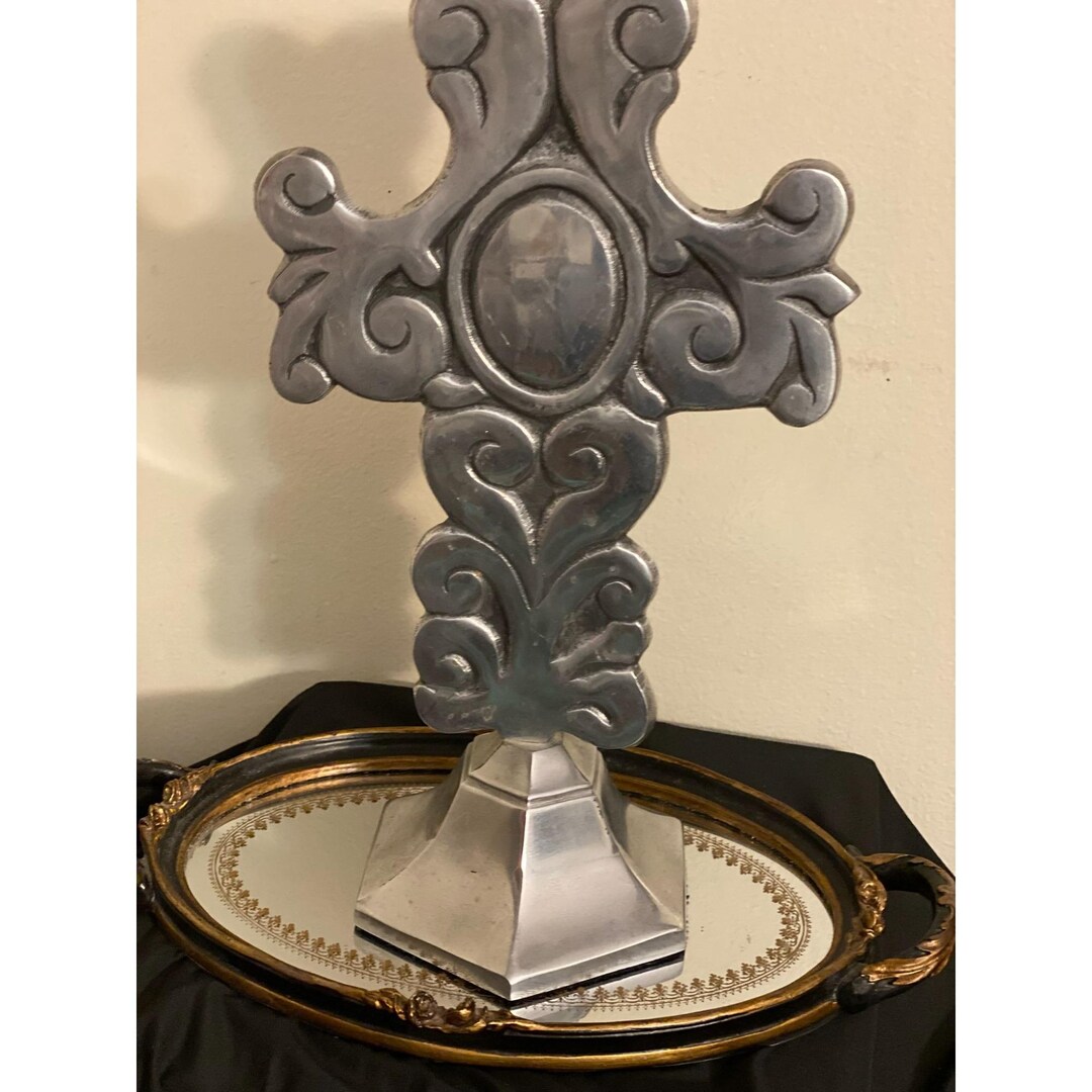 Vintage Cast Aluminum Standing Cross 14.5" Silver Scroll Christmas ...