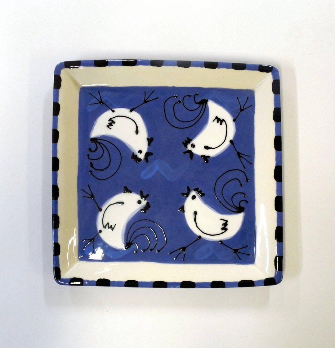 Blue and White Chicken Rooster Whimsical Ceramic Pottery Square Plate ...
