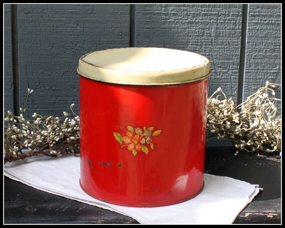 Items similar to Vintage Metal Red Tin With Flowers and Lid on Etsy