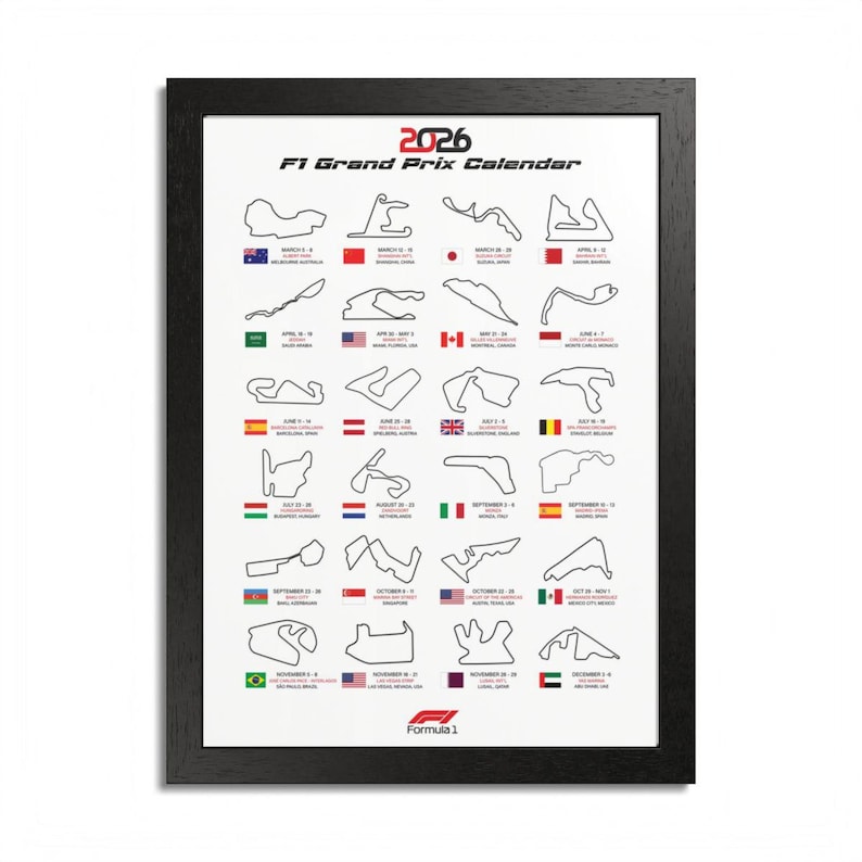 Formula One 2026 Race Calendar Print: F1 Grand Prix Schedule Dates ...
