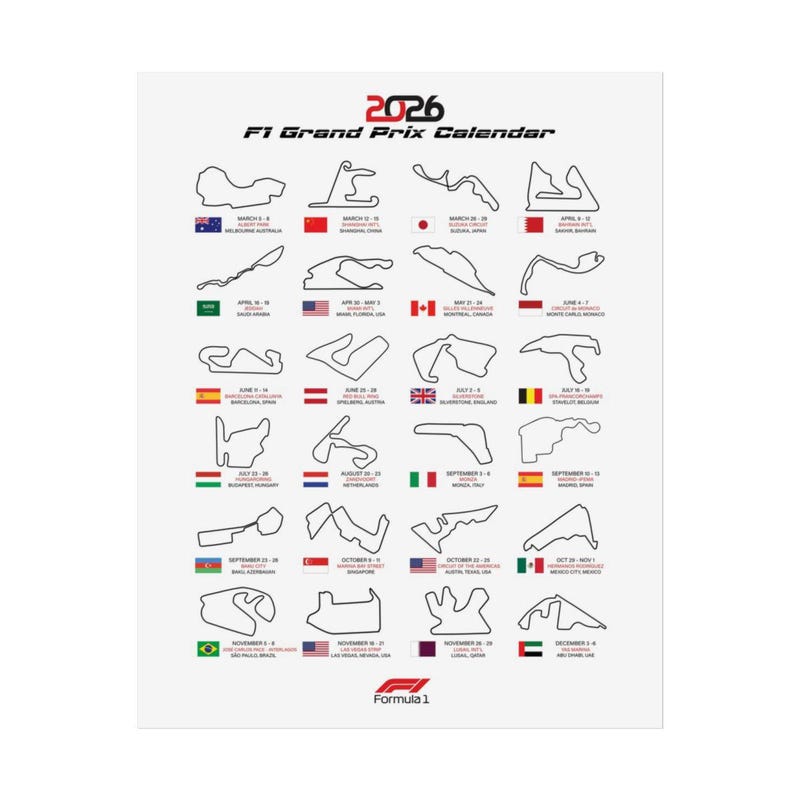 2026 Formula 1 Schedule - Etsy UK