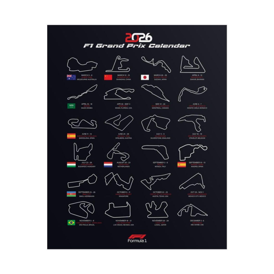 Formula One 2026 Calendar: F1 Grand Prix Schedule (digital Print) - Etsy