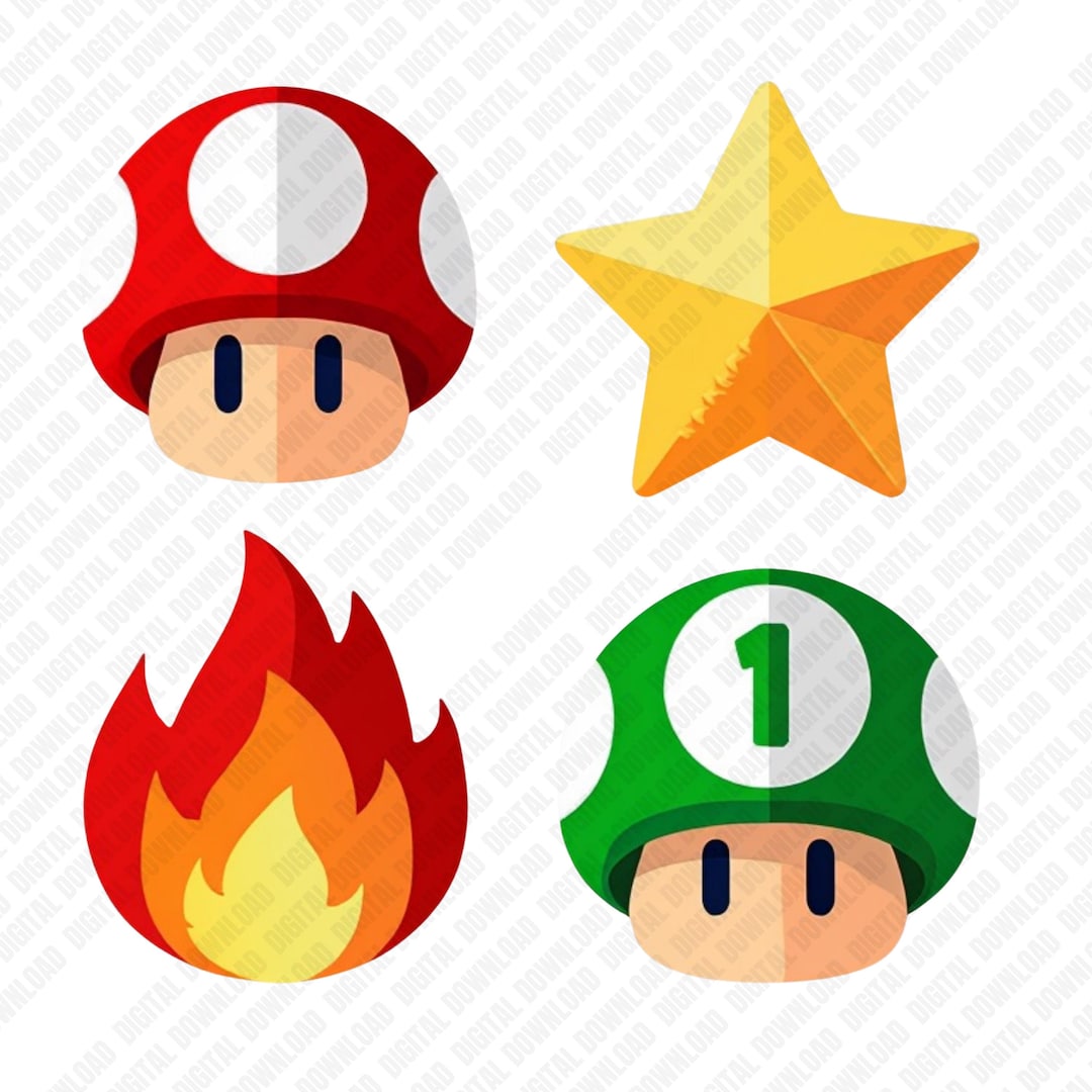 Mario Power up Icons PNG, Retro Game Item Icon Set, Mushroom Star Fire ...