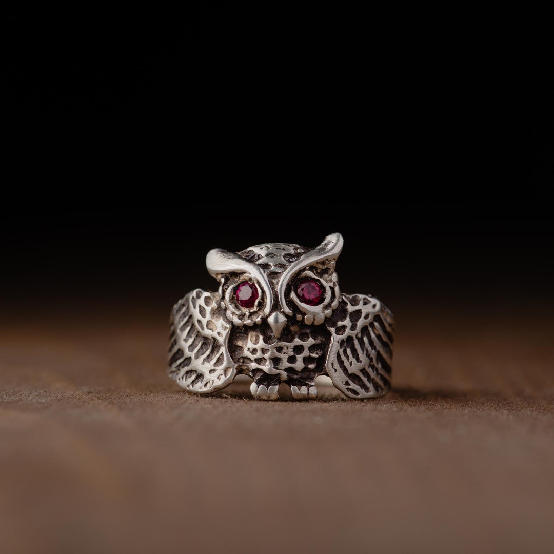 Sterling Silver Owl Ring With Ruby Eyes-owl Band Ring-silver Owl Ring ...