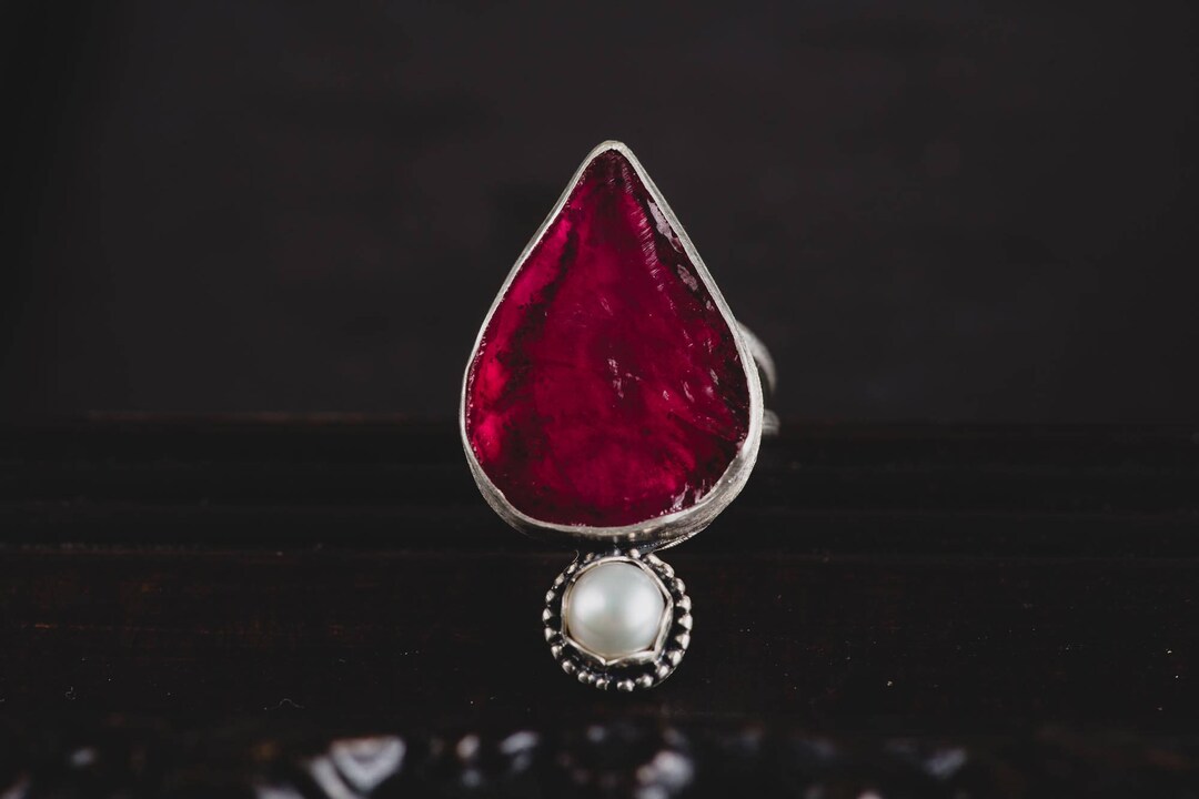 Rough Ruby Ring-sterling Silver Ruby Pearl Ring-dark Red Teardrop Ruby ...