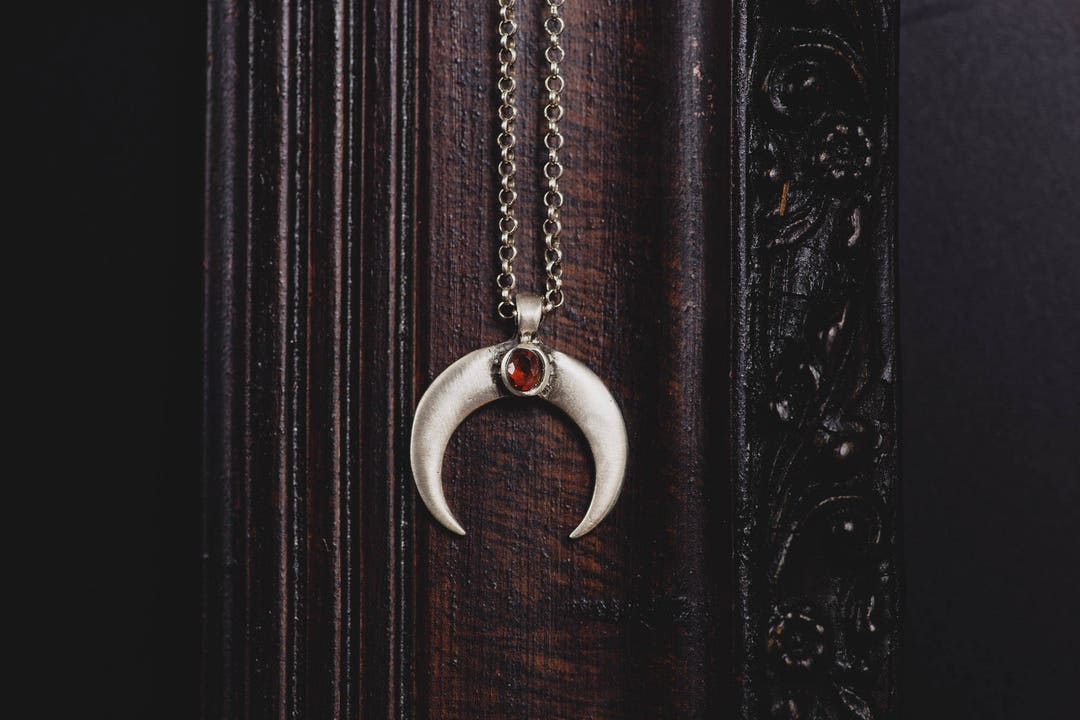 Moon Horn Garnet Pendant-sterling Silver Red Garnet Moon Pendant-lunar ...