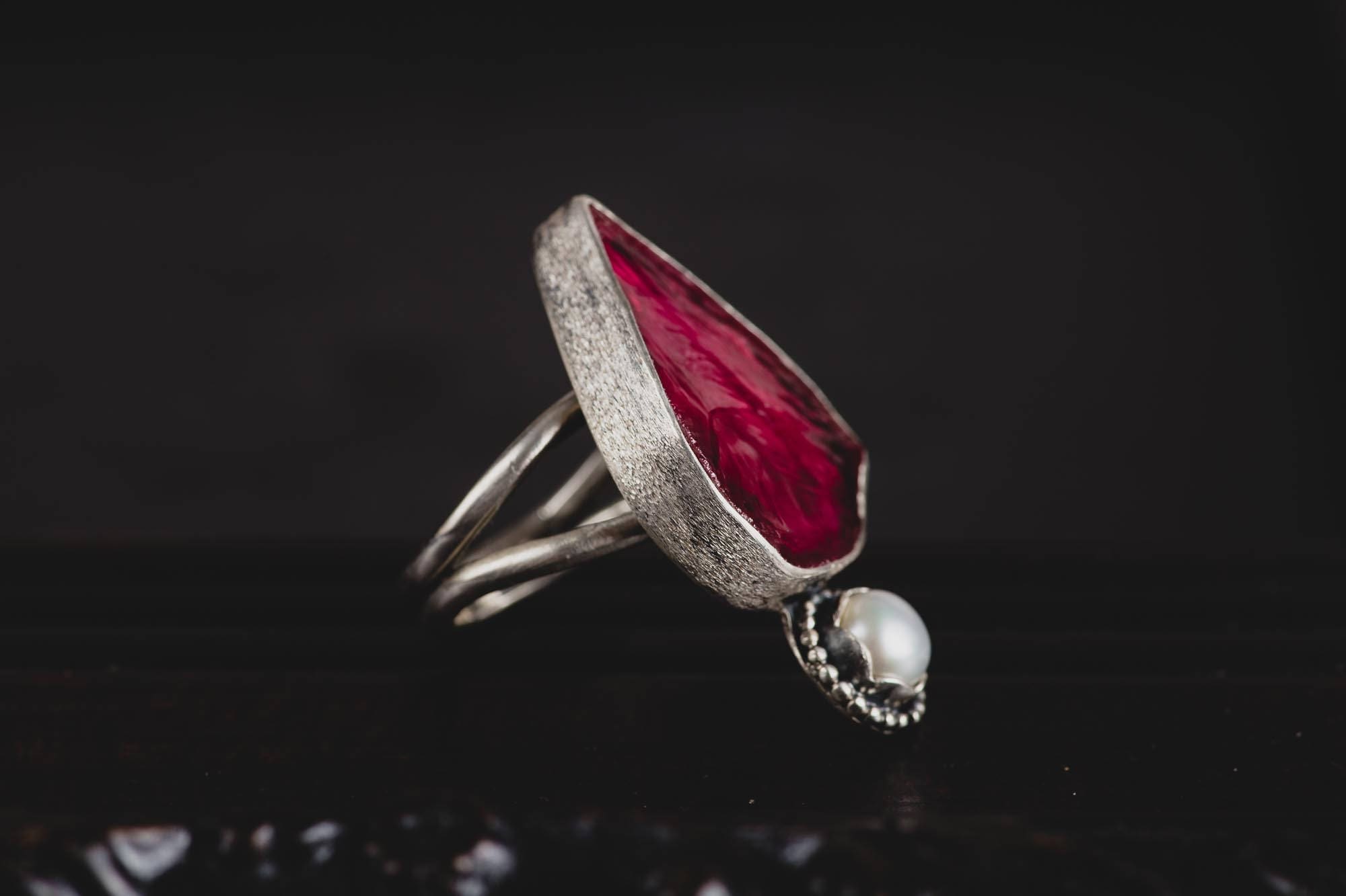 Rough Ruby Ring-Sterling Silver Ruby Pearl Ring-Dark Red | Etsy