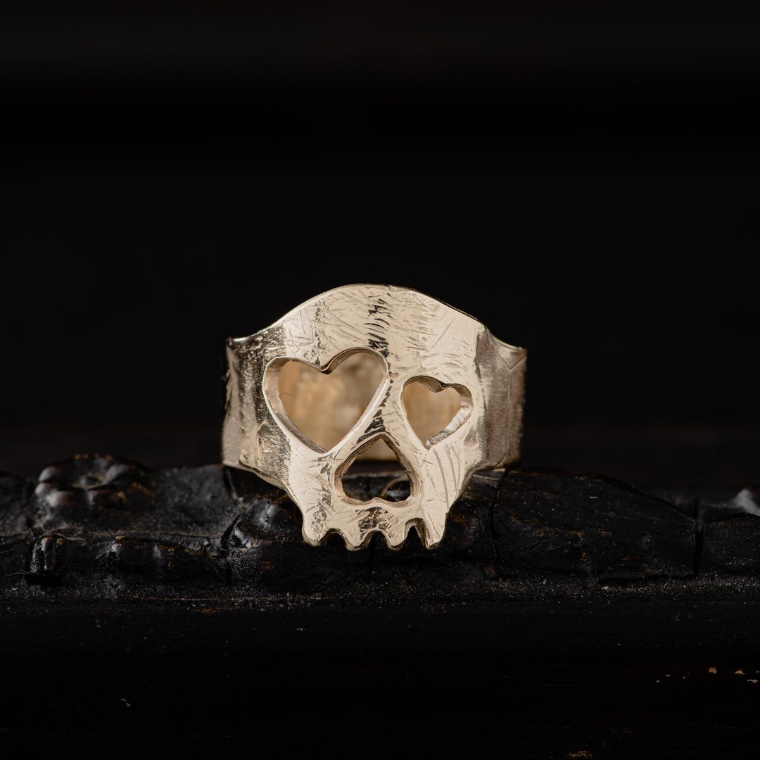 14k Solid Gold Skull Ring Wide Skull Band Ring Rustic Gold Skull Ring