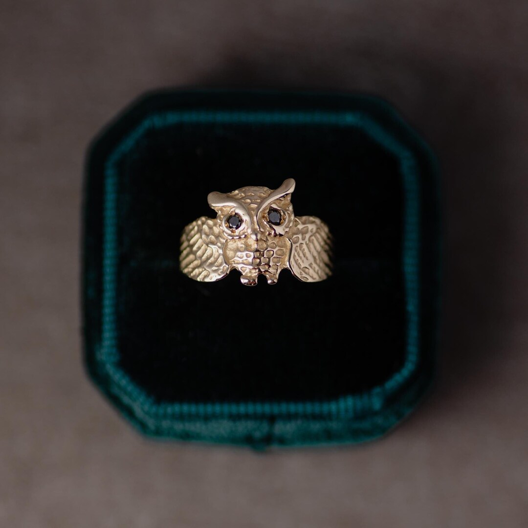 14K Gold Owl Ring With Black Diamonds-owl Band Ring-solid Gold Owl Ring ...