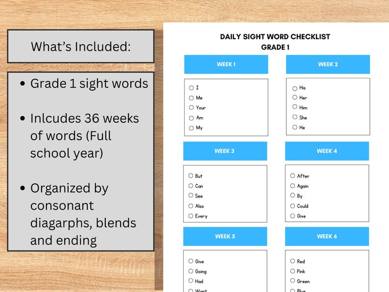 Grade 1 Sight Word Checklist - Etsy