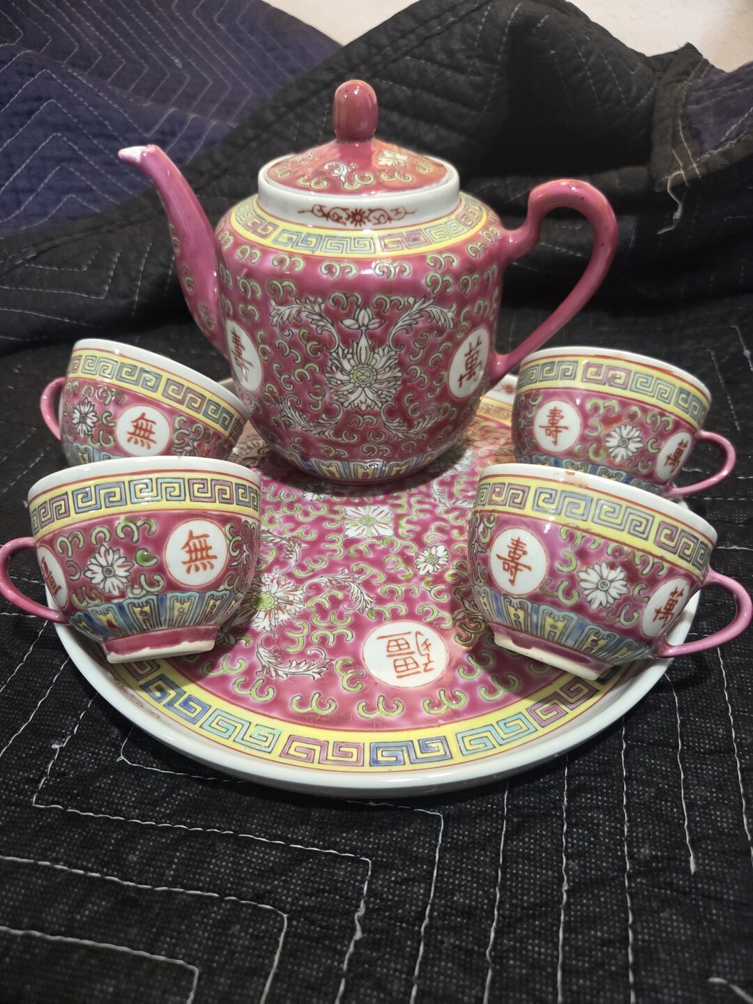 18th Century Style Red Porcelain Chinese Mun Shou Longevity Pattern SET ...