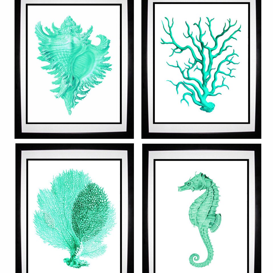 Mint Green Aqua Coral Sea Fan Conch Shell Seahorse Vintage Style ...