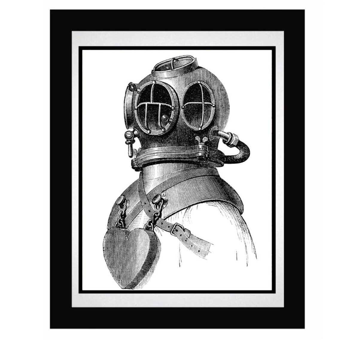 Deep Sea Diver Nautical Vintage Style Print Black and White Grey Beach ...