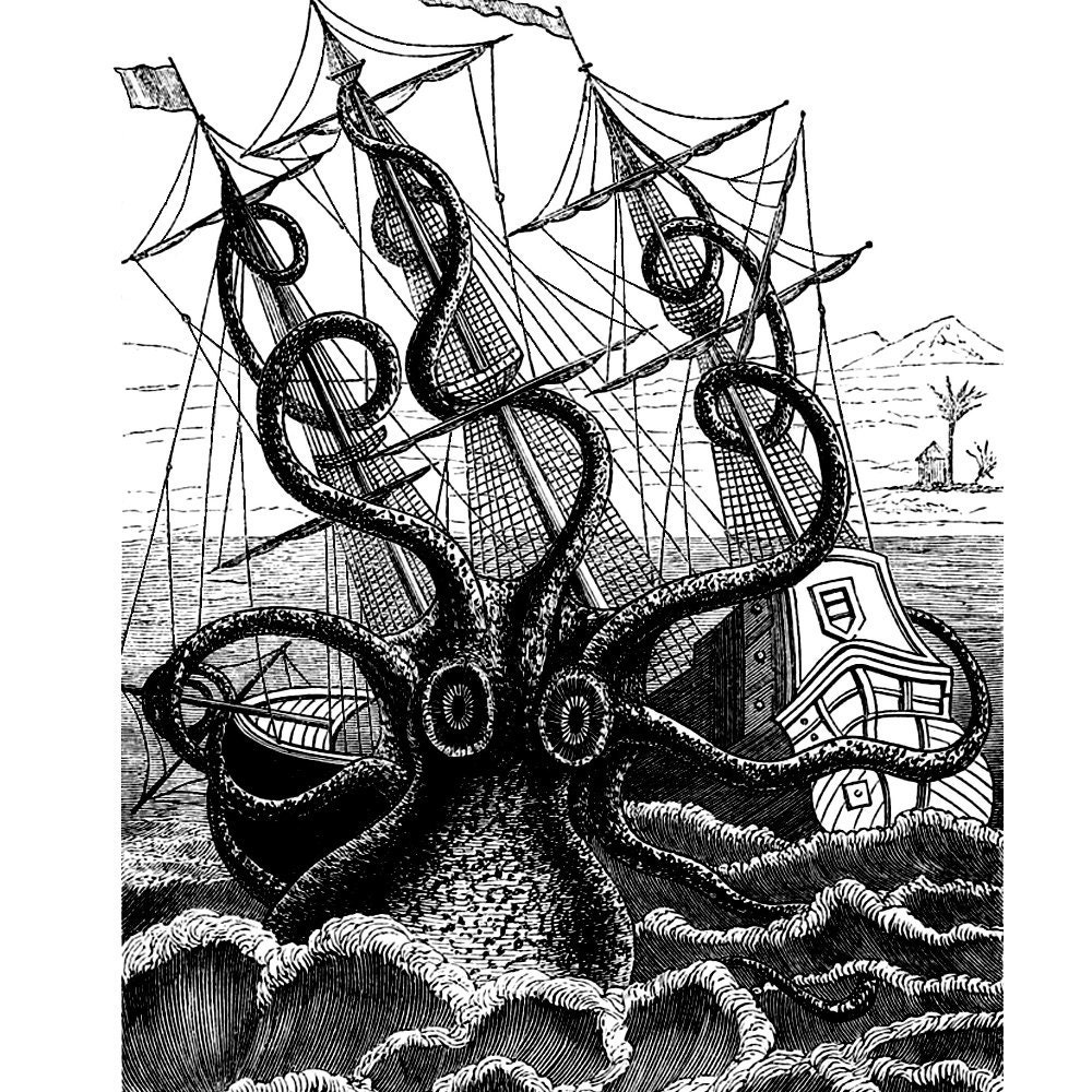 Giant Octopus Attacking Ship Drawing