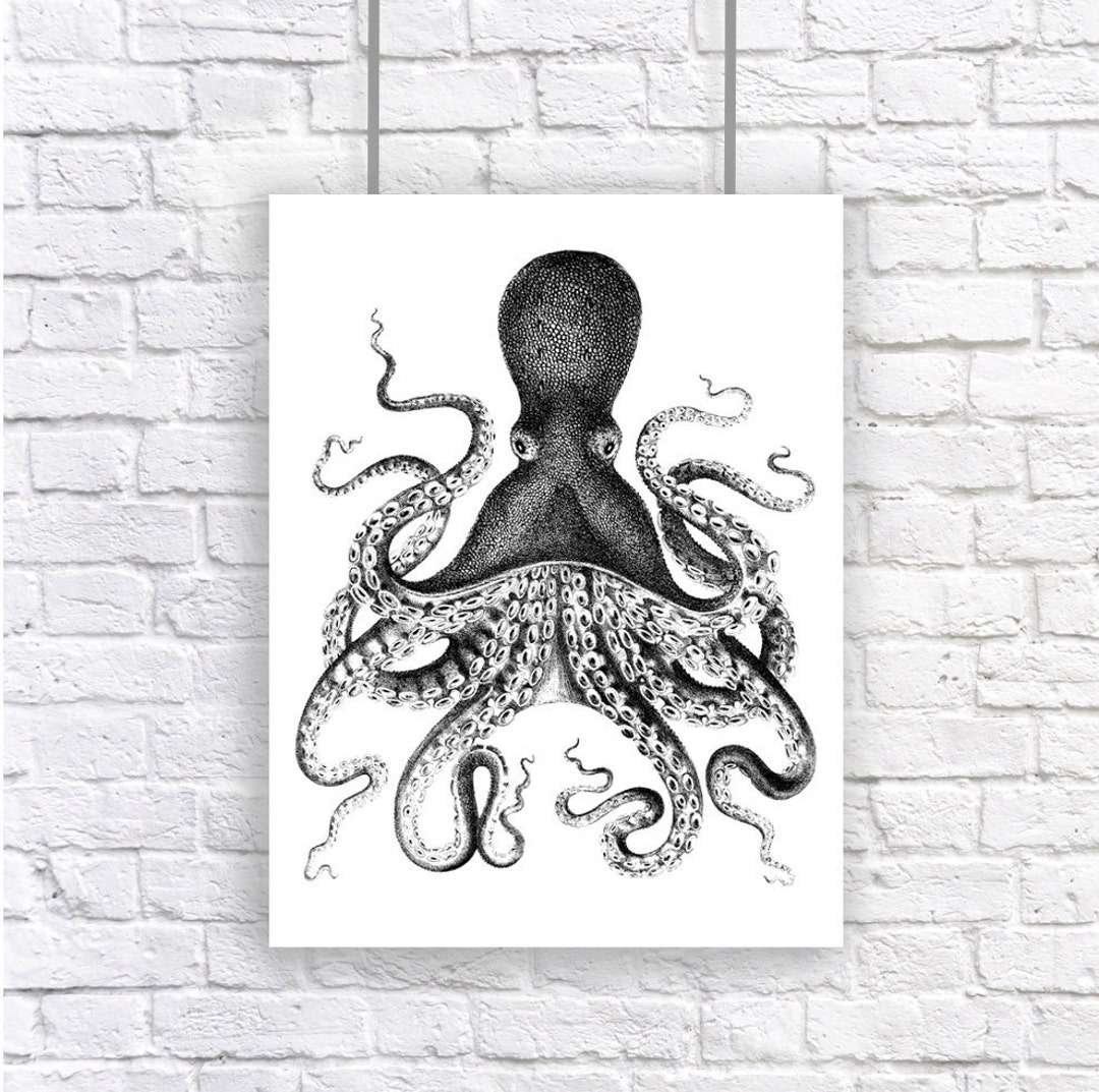 Large Octopus Nautical Vintage Style Art Print Black and White Grey ...