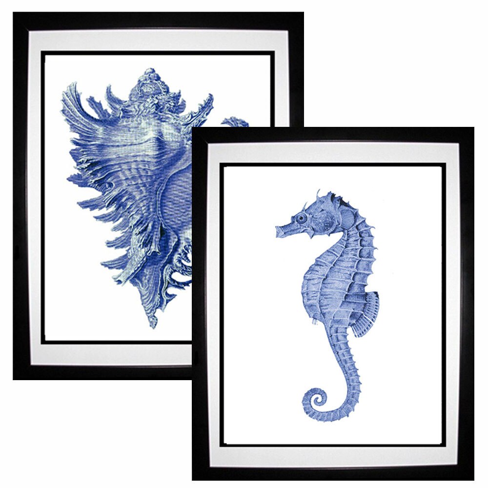 Blue Seahorse Conch Shell Vintage Style Nautical Art Print Set of 2 ...