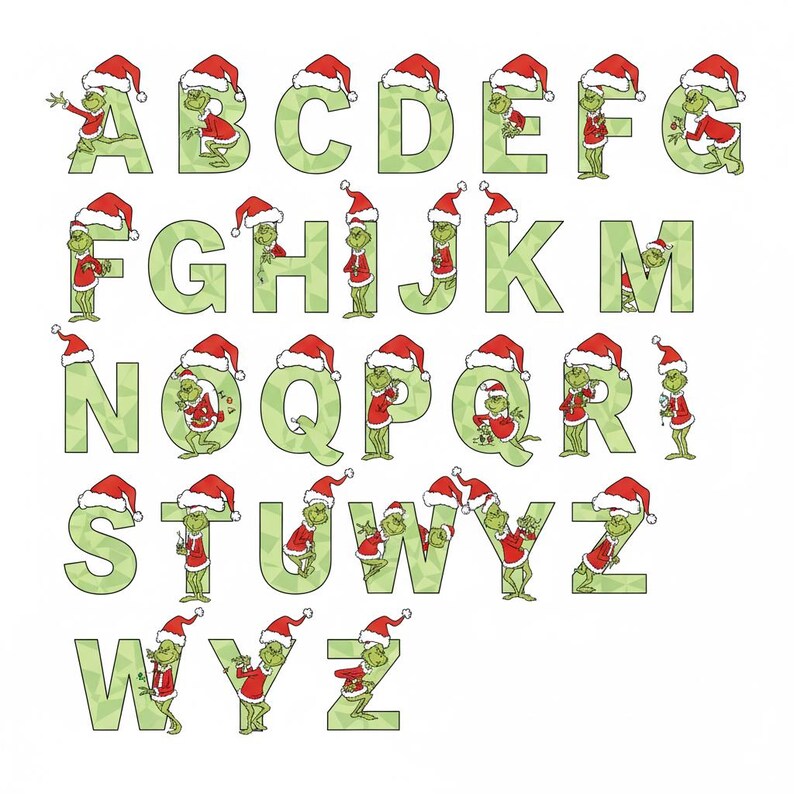 Grinch Alphabet Christmas Font SVG Bundle, Holiday Doodle Letters ...