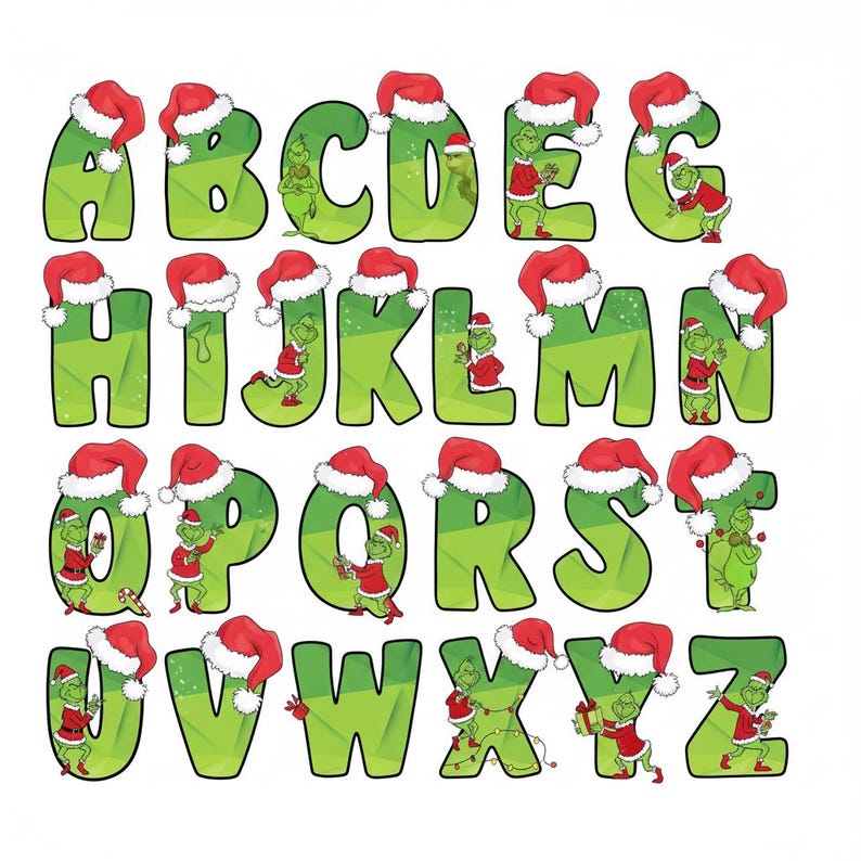 Grinch Alphabet Christmas Font SVG Bundle, Holiday Doodle Letters ...