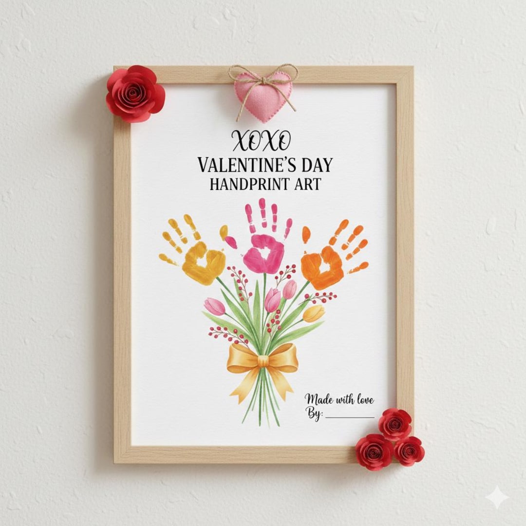 Valentine Handprint Floral Bouquet Art Printable, Handprint Keepsake ...