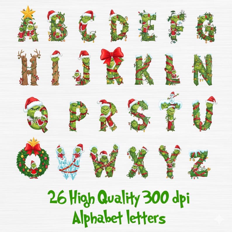 Grinch Christmas Alphabet SVG & PNG, Christmas Letters Clipart A-Z ...