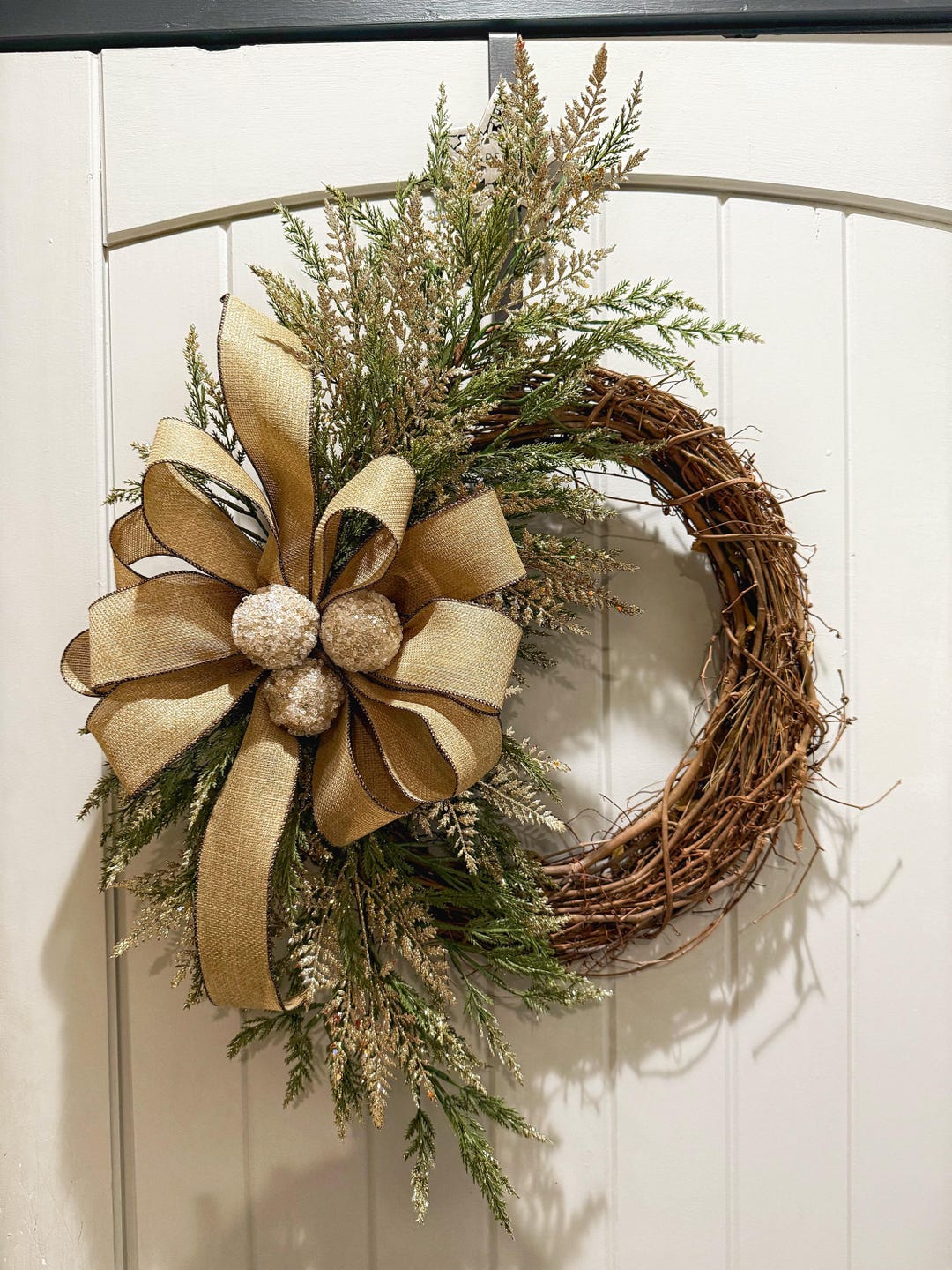 Rustic Winter Greenery Wreath With Gold Bow - Etsy