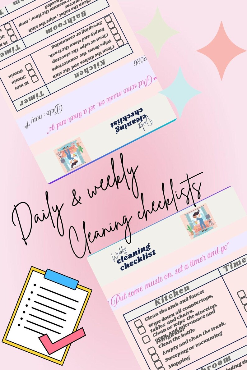 Pink Cleaning Checklist, Daily & Weekly, Printable (digital Download ...
