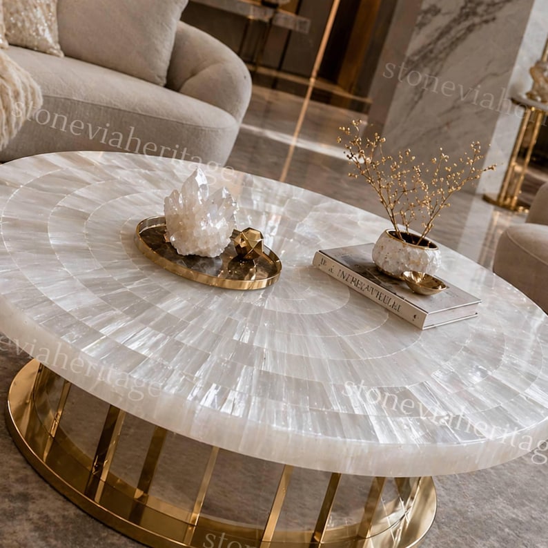 Handcrafted Selenite Stone Coffee Table Top, Luxury Round Living Room ...