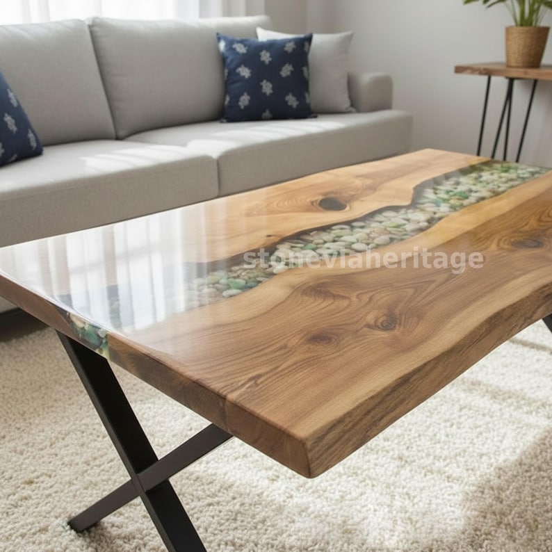Custom Live Edge Epoxy Table, Pebble Resin River, Handmade Wood Dining ...