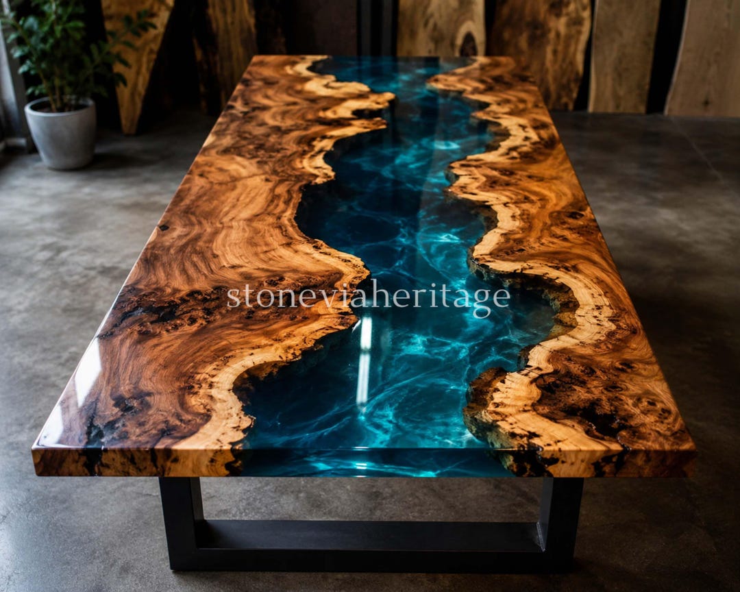 Acacia Wood Epoxy River Dining Table, Live Edge Ocean Decor, Handmade ...