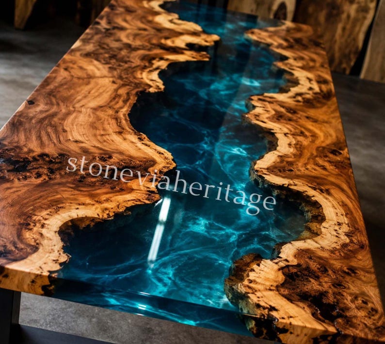 Acacia Wood Epoxy River Dining Table, Live Edge Ocean Decor, Handmade ...