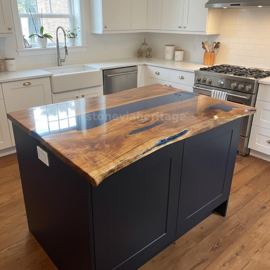 Kitchen Island Epoxy Countertop, Blue Resin River Handmade Custom ...