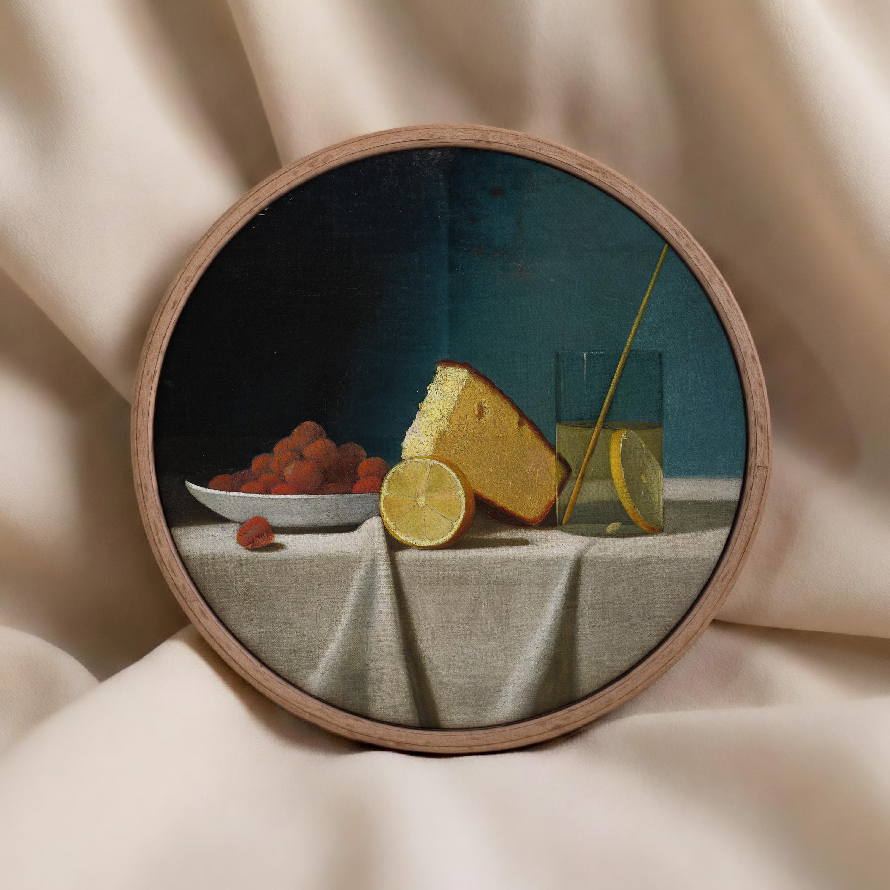 Lemon Cake and Berry Still Life Canvas in Hoop Frame - Kitchen Wall Decor Lemon Cake and Berry Still Life Canvas in Hoop Frame - Kitchen Wall Decor