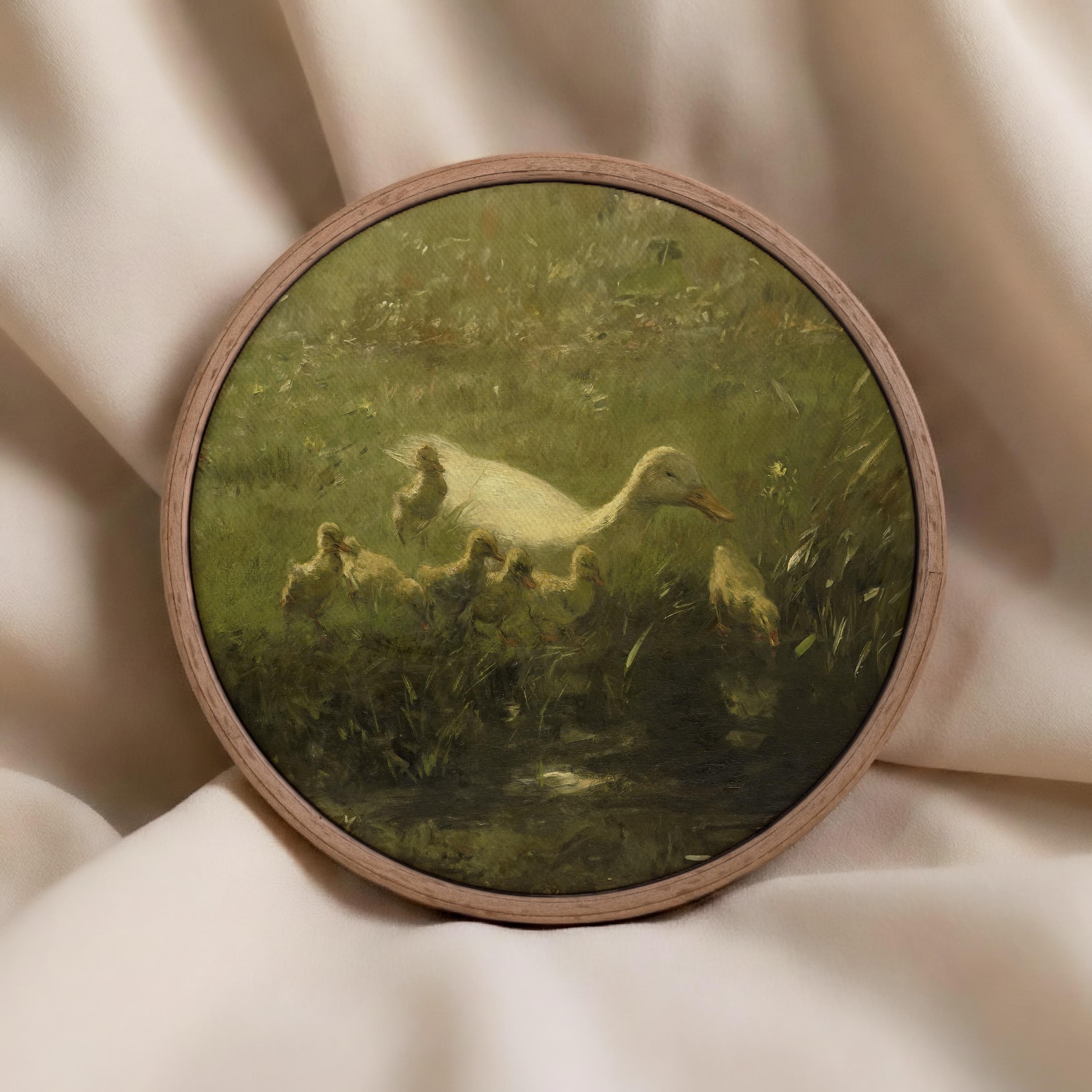 Vintage Duck and Ducklings Art Print - Round Beechwood Canvas