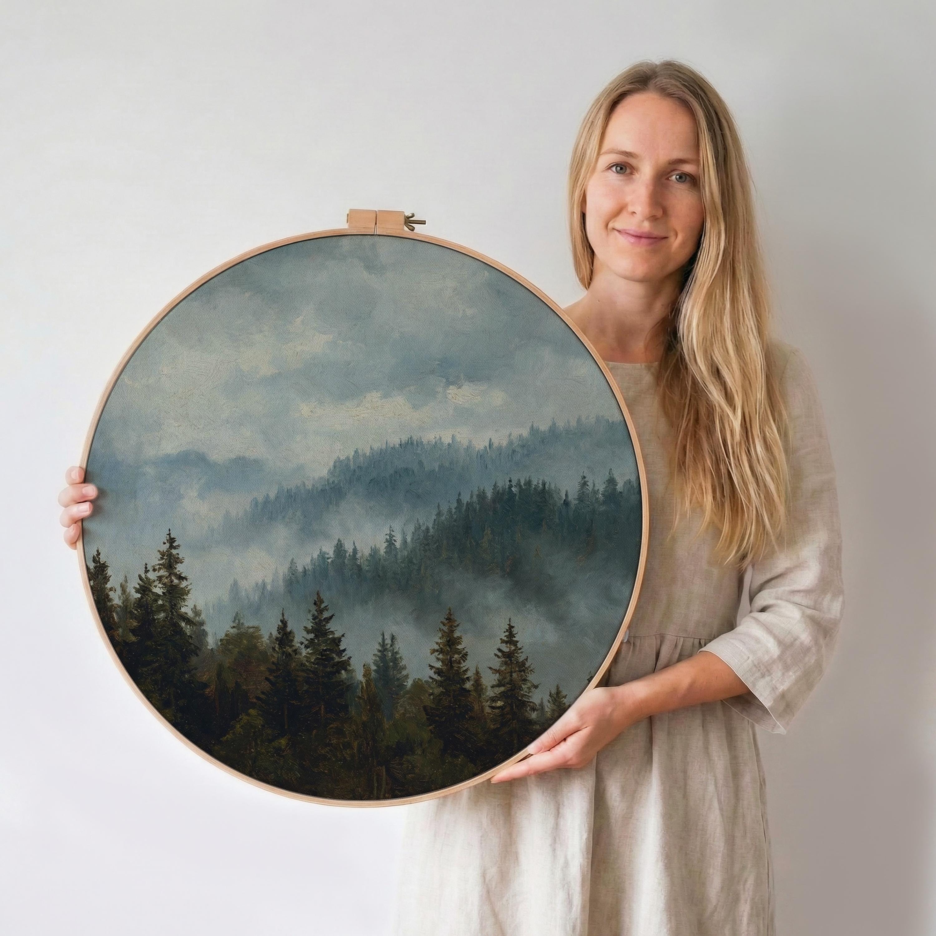 Misty Forest Framed Canvas Print | Foggy Pine Tree Wall Decor | Nature Landscape Round Canvas | Cottagecore Gift