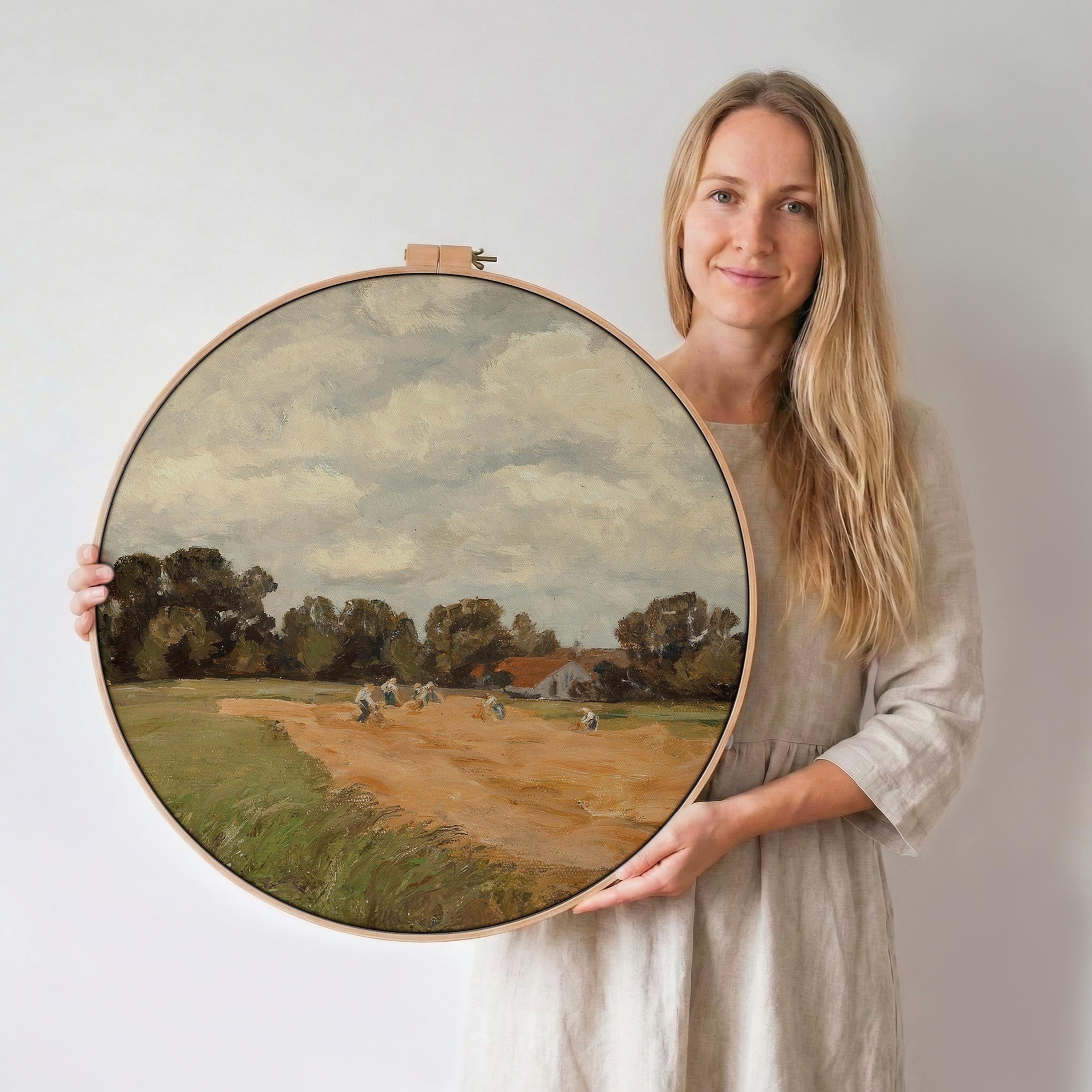 Round Farmhouse Landscape Canvas Art Print, Beech Wood Frame