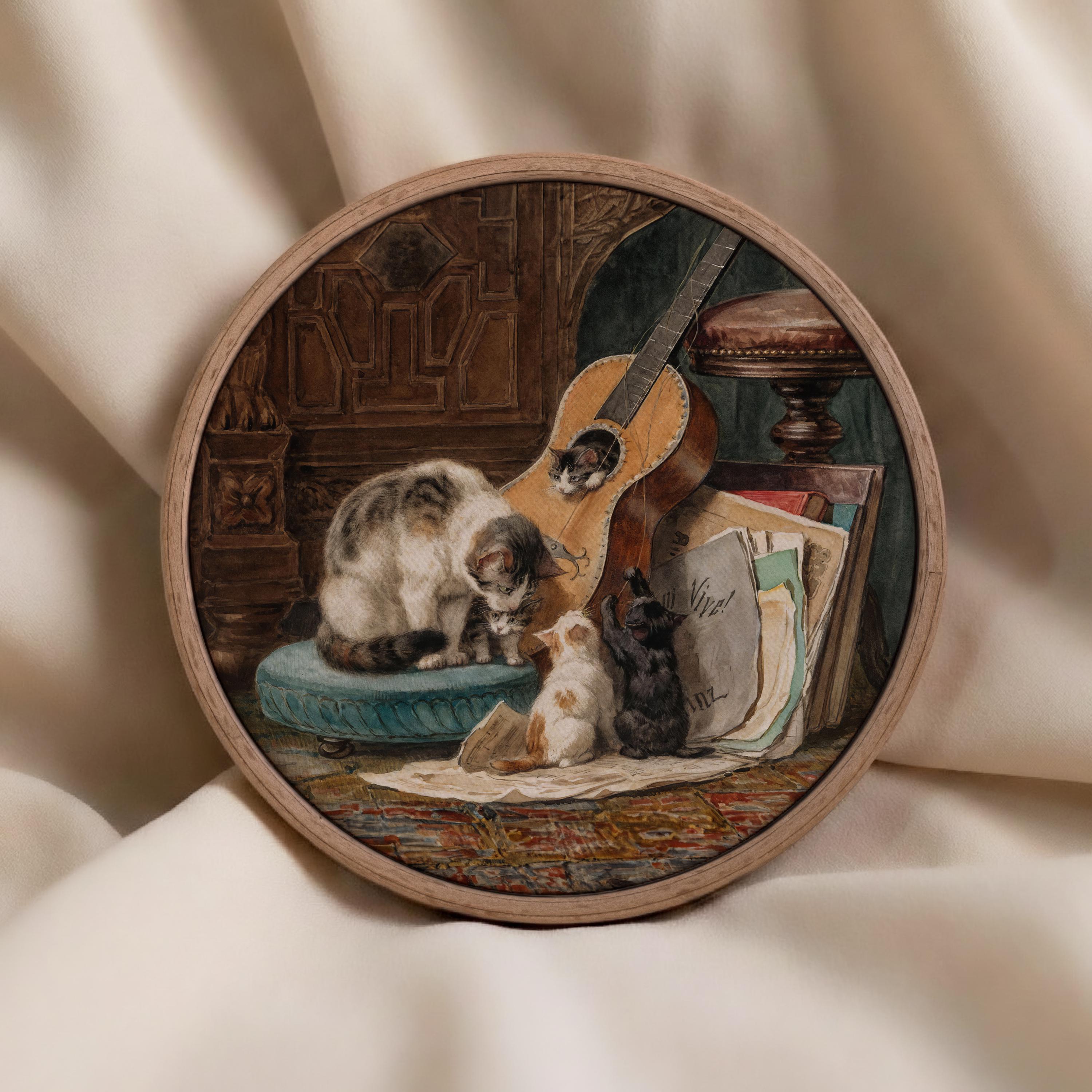 Vintage Cat Family Art Print - Kittens Playing with Guitar - Antique Style Animal Wall Decor