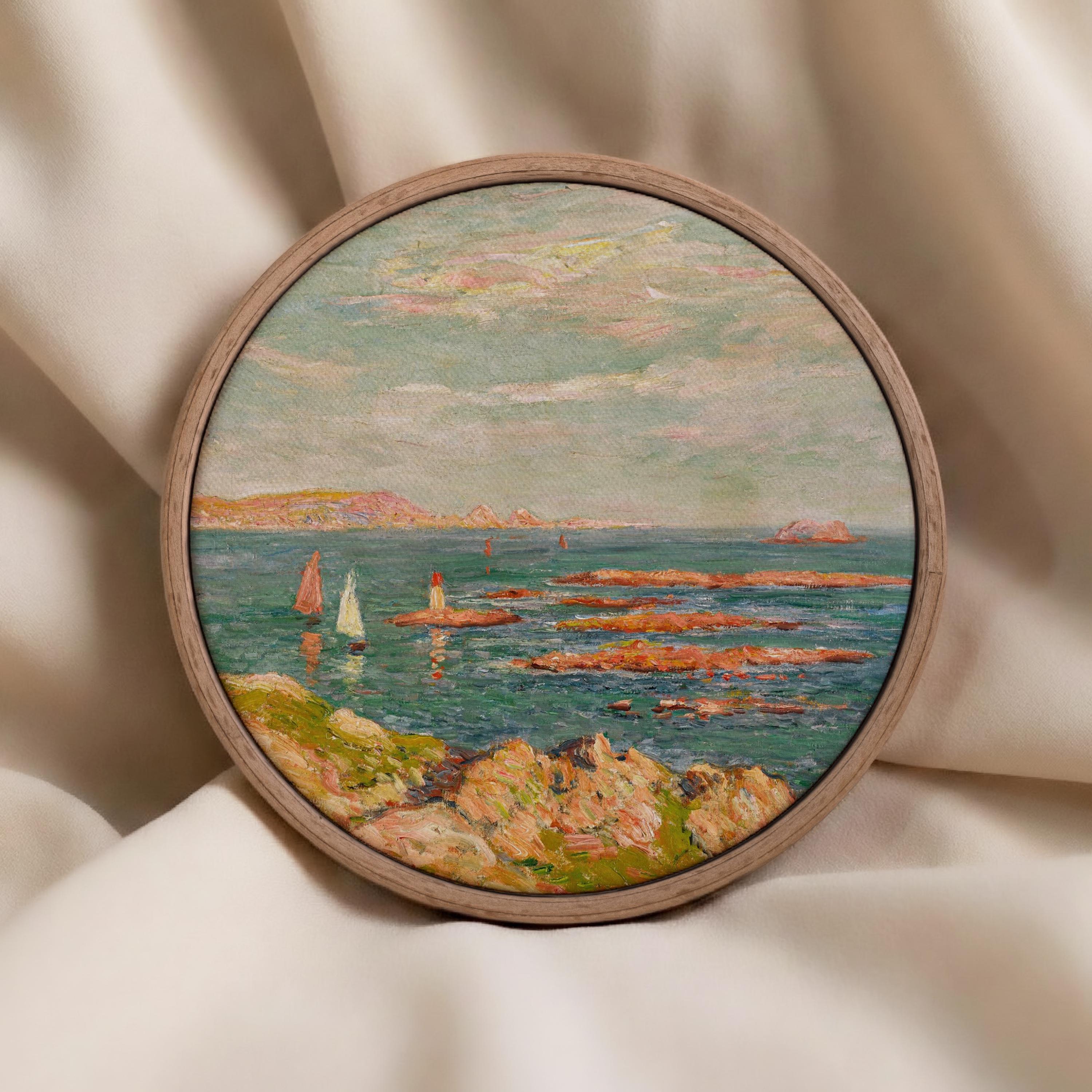 Vintage Coastal Art Print - Colorful Seaside Landscape with Sailboats - Antique Style Ocean Wall Decor